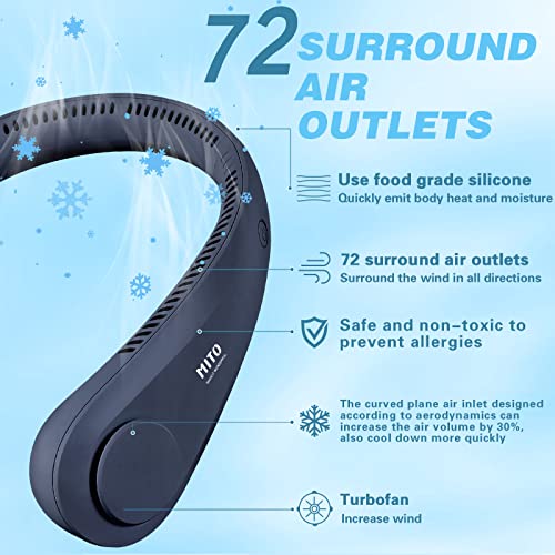 MITO Bladeless Neck Fan, Hands Free Portable Neck Fan, 4000 mAh USB Rechargeable Personal Fan, 3 Speeds Leafless Hanging Neck Fan, 360° Cooling Quiet Neck Cooler for Women Men Outdoor Indoor-BLUE