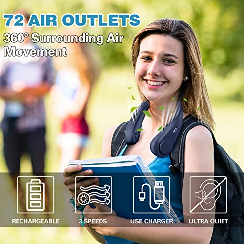 MITO Bladeless Neck Fan, Hands Free Portable Neck Fan, 4000 mAh USB Rechargeable Personal Fan, 3 Speeds Leafless Hanging Neck Fan, 360° Cooling Quiet Neck Cooler for Women Men Outdoor Indoor-BLUE