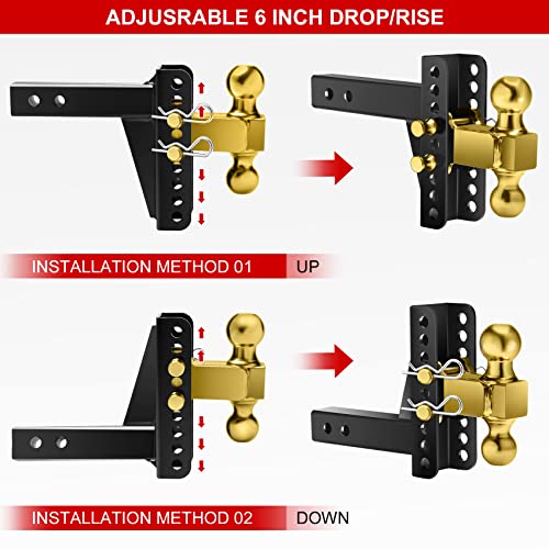 HOPERAN Adjustable Trailer Hitch,6-inch Drop/Rise Trailer Hitch,Fits 2-inch Receiver,Ball Mount Hitch,2" & 2-5/16" Trailer Balls,Tow Hitch for Heavy Duty Truck with Double Pins and Trailer Hitch Lock.