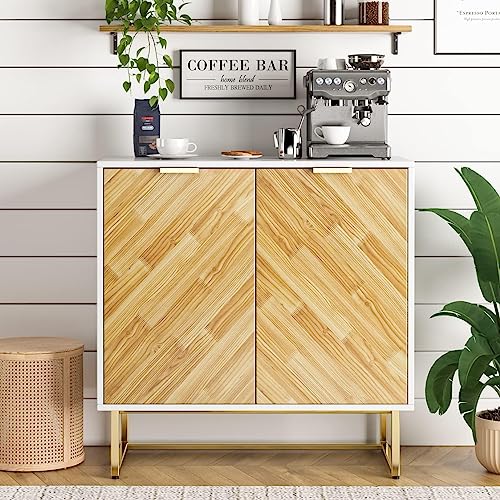 Buffet Sideboard Cabinet with Storage, Modern Accent Cabinet with 2 Doors & Adjustable Shelves, Kitchen Storage Cabinet Cupboard Console Table for Dining， Living Room, Bedroom, Entryway, White & Gold