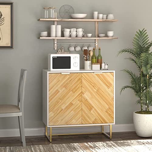 Buffet Sideboard Cabinet with Storage, Modern Accent Cabinet with 2 Doors & Adjustable Shelves, Kitchen Storage Cabinet Cupboard Console Table for Dining， Living Room, Bedroom, Entryway, White & Gold