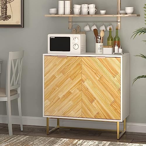 Buffet Sideboard Cabinet with Storage, Modern Accent Cabinet with 2 Doors & Adjustable Shelves, Kitchen Storage Cabinet Cupboard Console Table for Dining， Living Room, Bedroom, Entryway, White & Gold