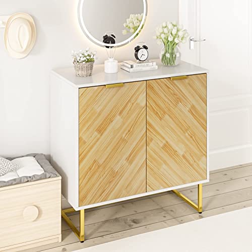 Buffet Sideboard Cabinet with Storage, Modern Accent Cabinet with 2 Doors & Adjustable Shelves, Kitchen Storage Cabinet Cupboard Console Table for Dining， Living Room, Bedroom, Entryway, White & Gold