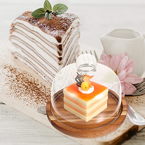 Cake Tray with Dome Round Wood Cake Stand Plate Server Platter Wood Server Cake Stand Clear Cloche Dome Cake Display Cover Glass Cake Pan Cover Food Plate Lid Cheese Board for Pastries 13CM