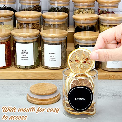 JuneHeart 12 PCS Glass Spice Jars with Bamboo Lids and 303 Waterproof Labels, 4oz Clear Food Storage Containers for Kitchen Sugar Salt Coffee Beans