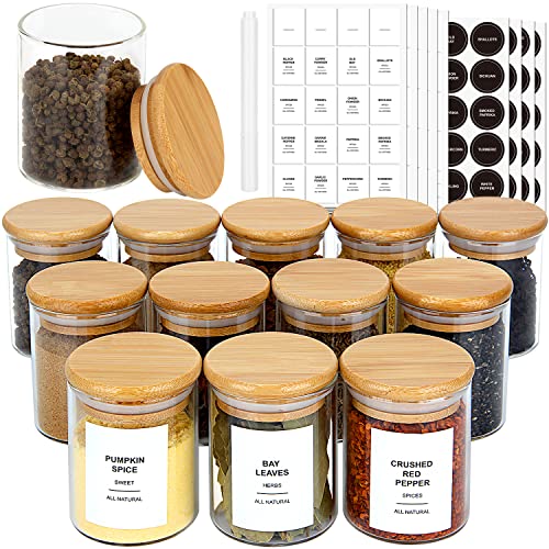 JuneHeart 12 PCS Glass Spice Jars with Bamboo Lids and 303 Waterproof Labels, 4oz Clear Food Storage Containers for Kitchen Sugar Salt Coffee Beans