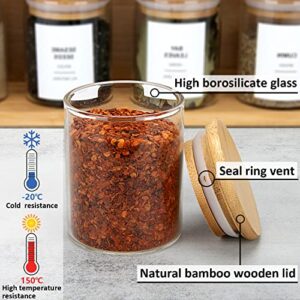 JuneHeart 12 PCS Glass Spice Jars with Bamboo Lids and 303 Waterproof Labels, 4oz Clear Food Storage Containers for Kitchen Sugar Salt Coffee Beans