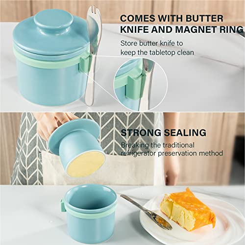 Yangbaga Butter Crock Storage,Porcelain Butter keeper with Silicone Magnet Collar & Butter Knife -Keep Butter Fresh & Soften for Restaurant、Kitchen and Dining Blue