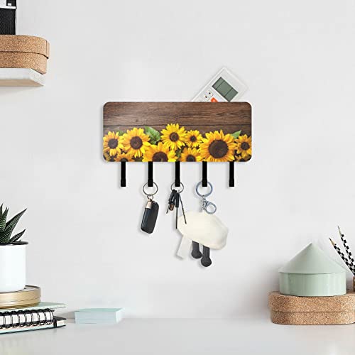 SUABO Key Holder for Wall Decorative, Sunflower on Wood Mail Holder Wall Mount, Wall Hooks for Hanging