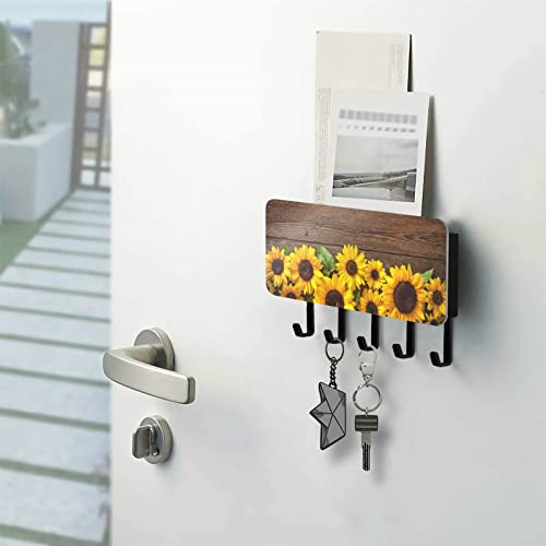 SUABO Key Holder for Wall Decorative, Sunflower on Wood Mail Holder Wall Mount, Wall Hooks for Hanging