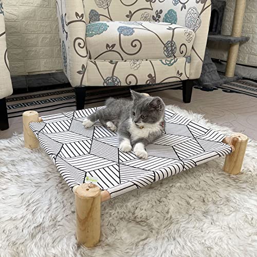 Babyezz Cat and Dog Hammock Bed, Wooden cat Hammock Elevated Cooling Bed, Detachable Portable Indoor/Outdoor pet Bed, Suitable for Cats and Small Dogs (White Diamond)