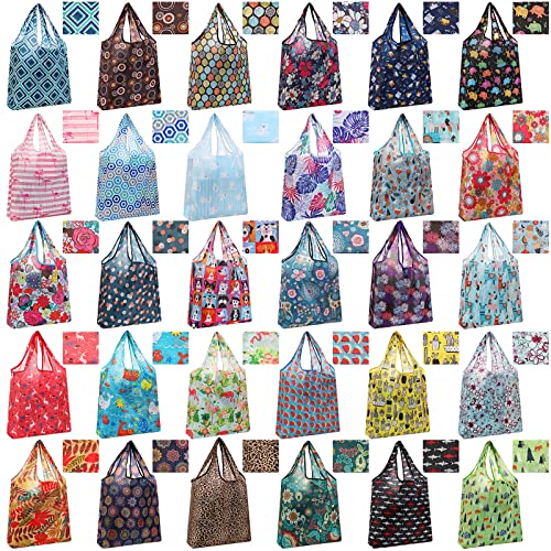 Shappy 30 Pieces Kitchen Reusable Grocery Bags Foldable Shopping Bags with Separated Zipper Storage Pouch and Handles Lightweight Waterproof Reusable Bags Washable Cloth Bags Tote Grocery Bags