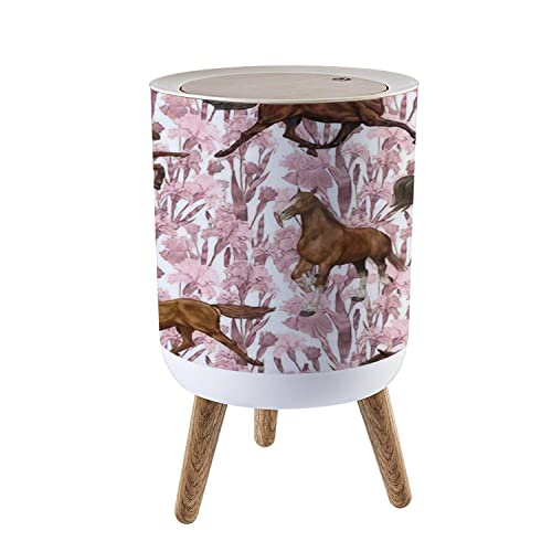 Round Trash Can with Press Lid Running horse and floral seamless for printing on textilesWallpaper Small Garbage Can Trash Bin Dog-proof Trash Can Wooden Legs Waste Bin Wastebasket 7L/1.8 Gallon