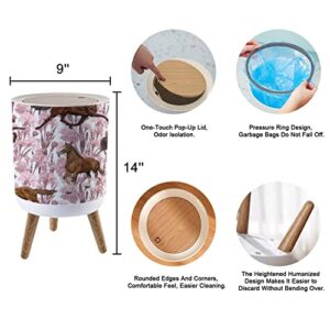 Round Trash Can with Press Lid Running horse and floral seamless for printing on textilesWallpaper Small Garbage Can Trash Bin Dog-proof Trash Can Wooden Legs Waste Bin Wastebasket 7L/1.8 Gallon