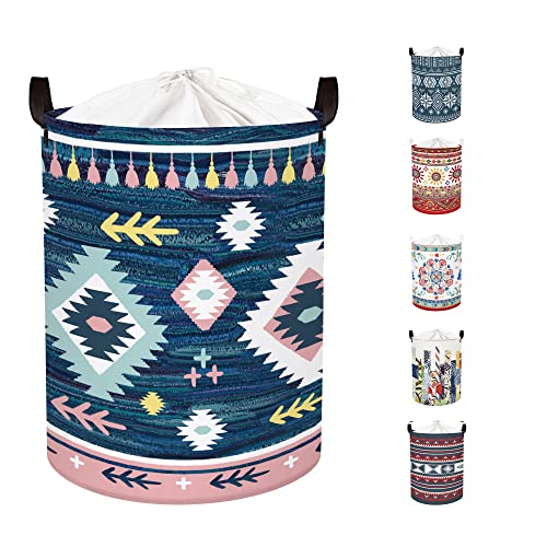 Clastyle 45L Waterproof Blue Geometric Boho Tassel Laundry Baskets Collapsible Storage Laundry Hamper with Drawstring for Clothes, 14.2 * 17.7 in