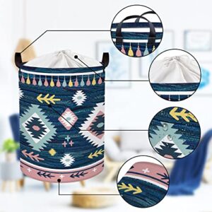 Clastyle 45L Waterproof Blue Geometric Boho Tassel Laundry Baskets Collapsible Storage Laundry Hamper with Drawstring for Clothes, 14.2 * 17.7 in