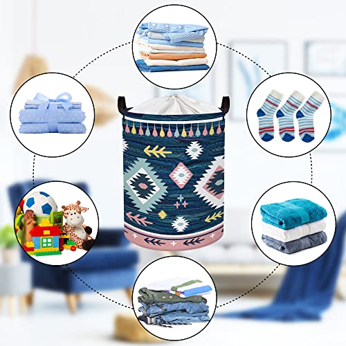 Clastyle 45L Waterproof Blue Geometric Boho Tassel Laundry Baskets Collapsible Storage Laundry Hamper with Drawstring for Clothes, 14.2 * 17.7 in