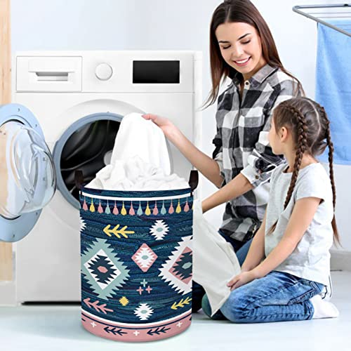 Clastyle 45L Waterproof Blue Geometric Boho Tassel Laundry Baskets Collapsible Storage Laundry Hamper with Drawstring for Clothes, 14.2 * 17.7 in