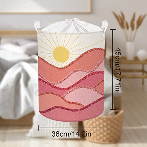 Clastyle 45L Boho Laundry Baskets for Clothes Collapsible Pink Sun Laundry Hamper with Drawstring Waterproof Beach Towel Storage Basket for Pool, 14.2 * 17.7 in