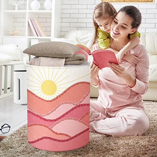 Clastyle 45L Boho Laundry Baskets for Clothes Collapsible Pink Sun Laundry Hamper with Drawstring Waterproof Beach Towel Storage Basket for Pool, 14.2 * 17.7 in