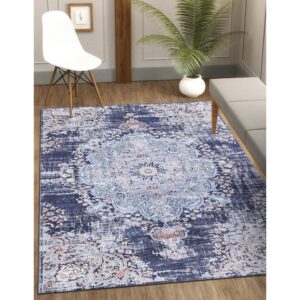 camilson machine washable area rugs with non slip (anti-slip) backing for living room bedroom, distressed vintage washable rug 5x7, stain and water resistant, bohemian indoor carpet (5 x 7, blue)