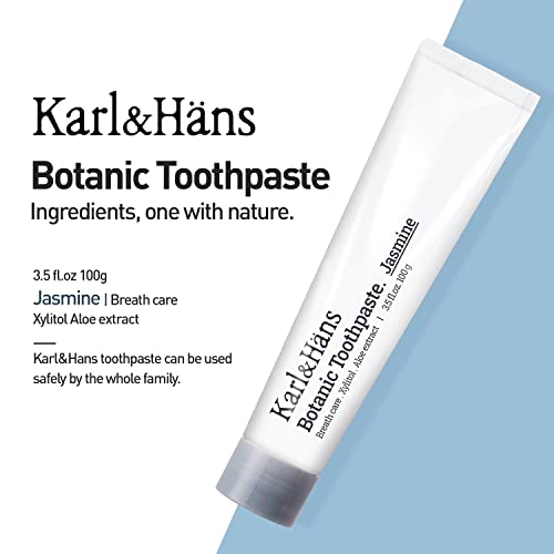 Karl&Hans Botanic Jasmine Toothpaste with Fluoride - Natural, Delicate Jasmine Mint Flavor with Rosemary and Green Tea Extracts for Fresh Breath Care and Gum Health, 3.5 oz