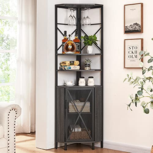 HOMISSUE 5-Tier Corner Shelf with Cabinet, Multipurpose Corner Shelf with Wine Rack and Bar Cabinet, Free Standing Corner Storage Cabinet for Living Room, Home Bar, Home Office, Balcony, Grey