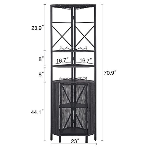 HOMISSUE 5-Tier Corner Shelf with Cabinet, Multipurpose Corner Shelf with Wine Rack and Bar Cabinet, Free Standing Corner Storage Cabinet for Living Room, Home Bar, Home Office, Balcony, Grey