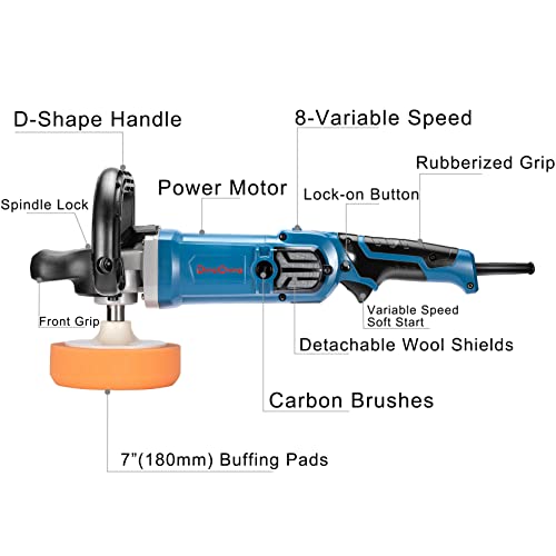 DongCheng Buffer Polisher, 1250W Car Buffer with 600-3500 RPM. 7 Inch Mini Polisher with 8 Variable Speed, Detachable D-shape Handle, Car Buffer Waxer for Car/Boats Detailing and Waxing