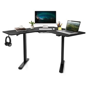 caphaus 48 inches l shaped electric standing computer desk, home office height adjustable corner desk with 2 position memory control panel, black metal frame & p2 grade black desktop, single motor