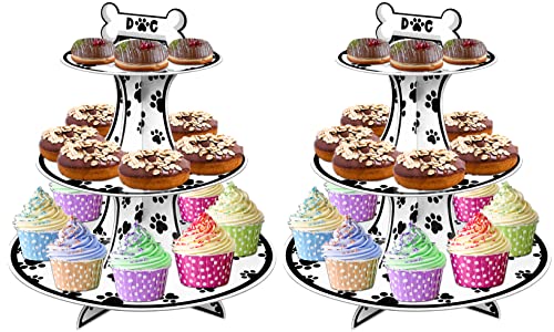 2 Set 3-Tier Dog Paw Print Round Cardboard Cupcake Stand for 24 Cupcakes Perfect for Kids Dog Paw Print Theme Birthday Party Decorations Dog Paw Print Party Supplies Cupcake Topper