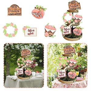 5 Pieces Summer Peaches Tiered Tray Decorations Wooden Rustic Farmhouse Tiered Tray Decor Set, Summer Fresh Pink Peaches Fruit Market Signs Independence Day Kitchen Home Table Shelf Holiday Decor