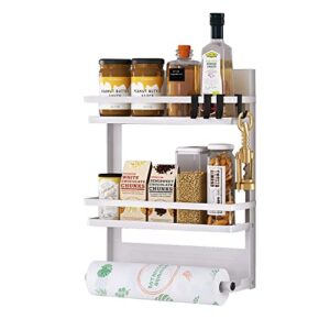 PINNIYOU Magnetic Spice Rack, Magnetic Shelf with Paper Towel Holder and 4 Hooks for Refrigerator, 3 Tier Magnetic Fridge Organizer for Kitchen Storage Spices, Pepper, White