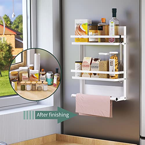 PINNIYOU Magnetic Spice Rack, Magnetic Shelf with Paper Towel Holder and 4 Hooks for Refrigerator, 3 Tier Magnetic Fridge Organizer for Kitchen Storage Spices, Pepper, White