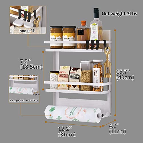 PINNIYOU Magnetic Spice Rack, Magnetic Shelf with Paper Towel Holder and 4 Hooks for Refrigerator, 3 Tier Magnetic Fridge Organizer for Kitchen Storage Spices, Pepper, White