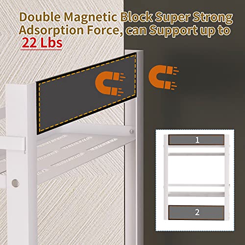 PINNIYOU Magnetic Spice Rack, Magnetic Shelf with Paper Towel Holder and 4 Hooks for Refrigerator, 3 Tier Magnetic Fridge Organizer for Kitchen Storage Spices, Pepper, White