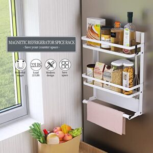 PINNIYOU Magnetic Spice Rack, Magnetic Shelf with Paper Towel Holder and 4 Hooks for Refrigerator, 3 Tier Magnetic Fridge Organizer for Kitchen Storage Spices, Pepper, White