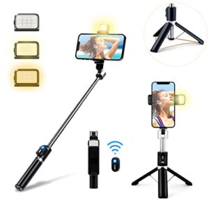 acehe selfie stick tripod [upgraded stable version] fill light & all in 1 portable bluetooth selfie stick with remote phone tripod stand, cell phone tripod for iphone & android smartphone -black