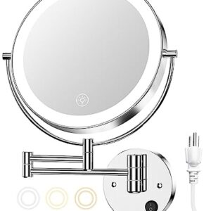 Gospire 9” Wall Mounted Lighted Makeup Vanity Mirror with 3 Color Lights & Stepless Dimming, 1X/10X Magnifying LED Double Sided Bathroom Touch Sensor Extendable Arm 360° Swivel Shaving Cosmetic Mirror