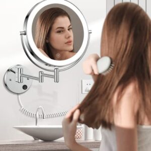 Gospire 9” Wall Mounted Lighted Makeup Vanity Mirror with 3 Color Lights & Stepless Dimming, 1X/10X Magnifying LED Double Sided Bathroom Touch Sensor Extendable Arm 360° Swivel Shaving Cosmetic Mirror