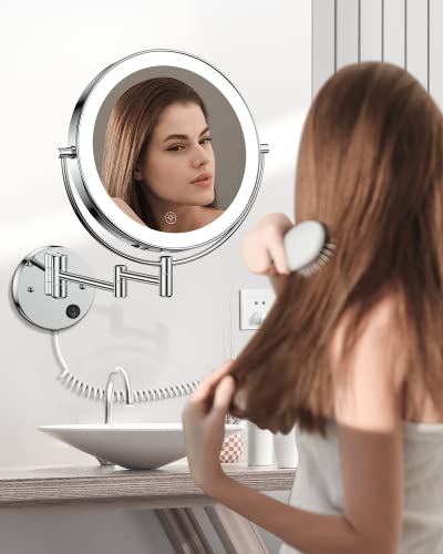 Gospire 9” Wall Mounted Lighted Makeup Vanity Mirror with 3 Color Lights & Stepless Dimming, 1X/10X Magnifying LED Double Sided Bathroom Touch Sensor Extendable Arm 360° Swivel Shaving Cosmetic Mirror