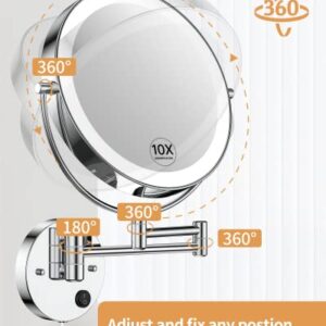 Gospire 9” Wall Mounted Lighted Makeup Vanity Mirror with 3 Color Lights & Stepless Dimming, 1X/10X Magnifying LED Double Sided Bathroom Touch Sensor Extendable Arm 360° Swivel Shaving Cosmetic Mirror