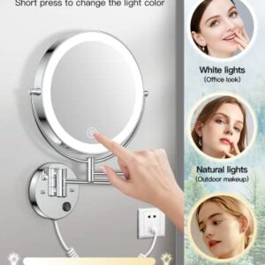 Gospire 9” Wall Mounted Lighted Makeup Vanity Mirror with 3 Color Lights & Stepless Dimming, 1X/10X Magnifying LED Double Sided Bathroom Touch Sensor Extendable Arm 360° Swivel Shaving Cosmetic Mirror