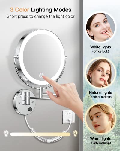 Gospire 9” Wall Mounted Lighted Makeup Vanity Mirror with 3 Color Lights & Stepless Dimming, 1X/10X Magnifying LED Double Sided Bathroom Touch Sensor Extendable Arm 360° Swivel Shaving Cosmetic Mirror