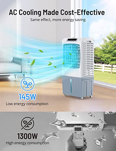 Evaporative Cooler, Windowless Air Conditioner Swamp Cooler with 4 Ice Packs & 2943CFM Fan Evaporative Cooler Humidifier with 10.6 Gal Water Tank Remote Control Scroll Casters for Home Garage Office