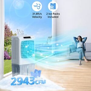 Evaporative Cooler, Windowless Air Conditioner Swamp Cooler with 4 Ice Packs & 2943CFM Fan Evaporative Cooler Humidifier with 10.6 Gal Water Tank Remote Control Scroll Casters for Home Garage Office