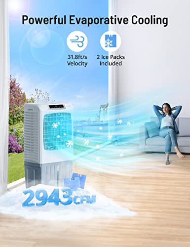 Evaporative Cooler, Windowless Air Conditioner Swamp Cooler with 4 Ice Packs & 2943CFM Fan Evaporative Cooler Humidifier with 10.6 Gal Water Tank Remote Control Scroll Casters for Home Garage Office