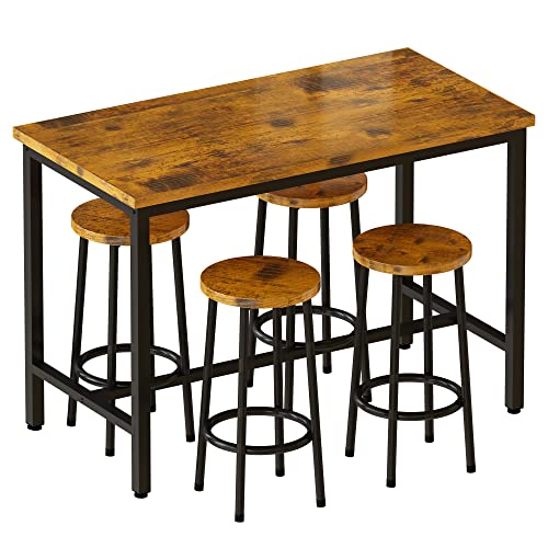 AWQM Bar Height Table and Chairs Bar Table with 4 Stools Industrial Counter Height Dining Sets for Kitchen, Table of 43.4 x 23.6 x 35.7 Inches, Stool of 11.8 x 11.8 x 23.8 Inches, Industrial Brown