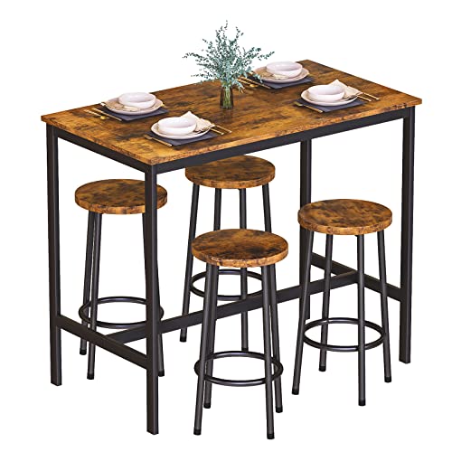 AWQM Bar Height Table and Chairs Bar Table with 4 Stools Industrial Counter Height Dining Sets for Kitchen, Table of 43.4 x 23.6 x 35.7 Inches, Stool of 11.8 x 11.8 x 23.8 Inches, Industrial Brown