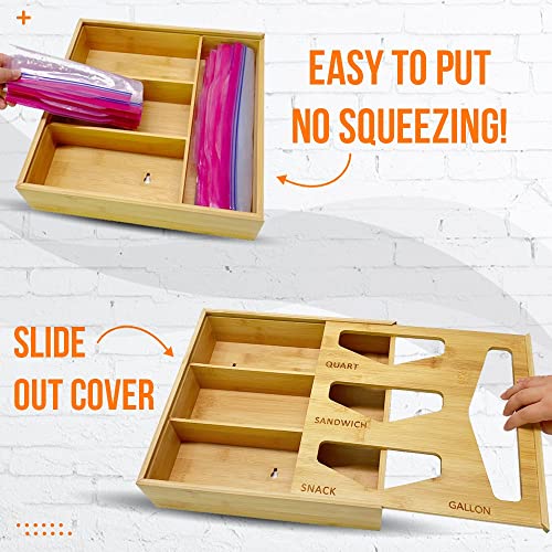 AHCHAK Ziplock Bag Organizer, Kitchen Drawer Organizer, Drawer Divider for Snack, Sandwich & Gallon Bags, Kitchen Organizer, Natural Bamboo Sandwich Bag Organizer